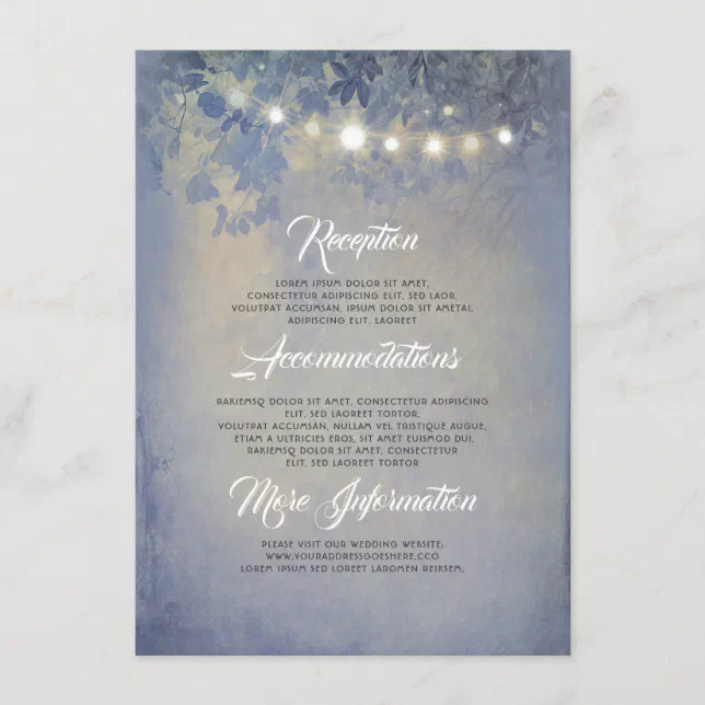 Rustic String Lights Dusty Blue Wedding Details Enclosure Card | Zazzle