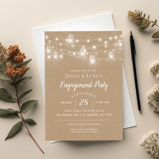 Rustic String Lights Engagement Party Invitation | Zazzle