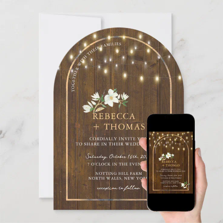 Rustic String Lights Gold Arch Magnolia Wedding Invitation | Zazzle