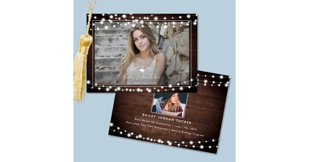 Rustic String Lights Grad Cap Photo Graduation Ann Announcement | Zazzle