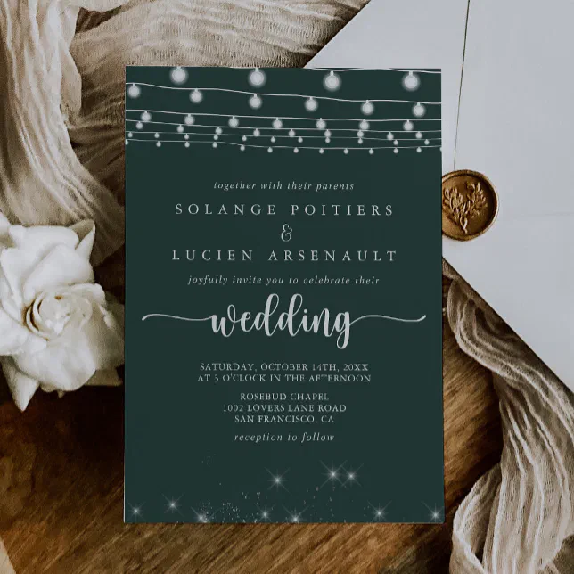 Rustic String Lights Green Wedding Invitation | Zazzle