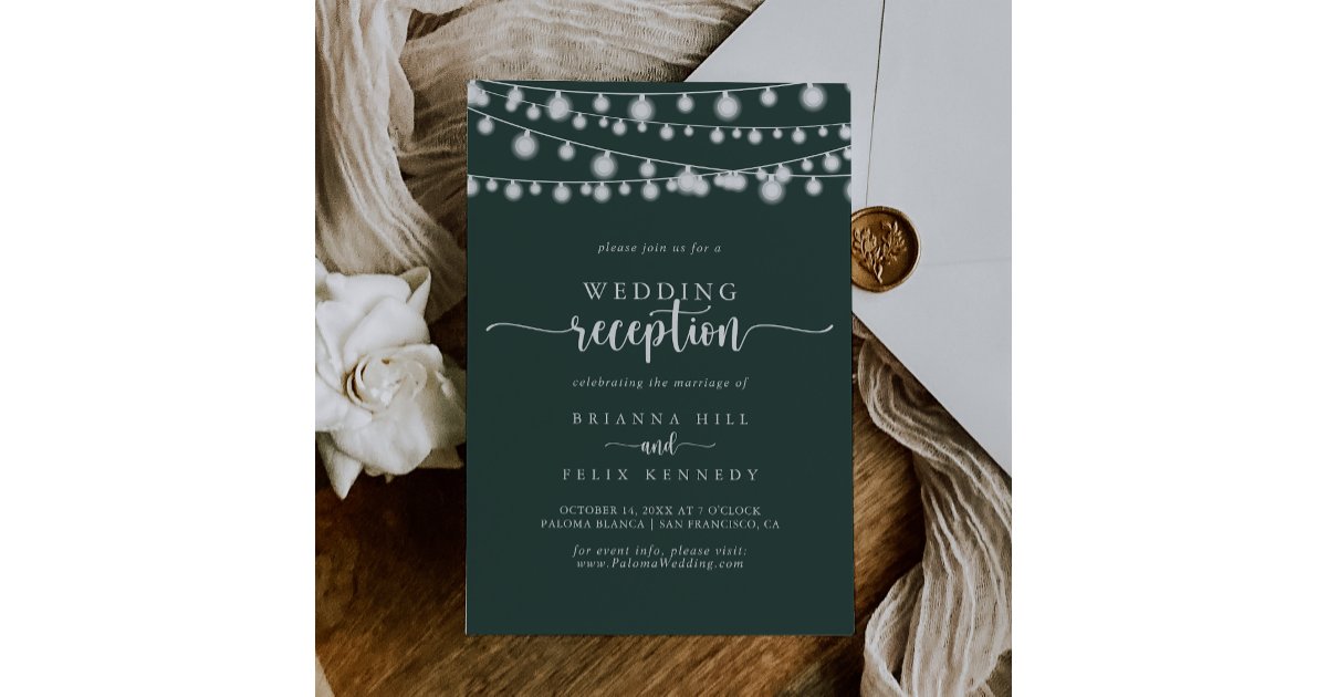 Rustic String Lights Green Wedding Reception Invitation | Zazzle