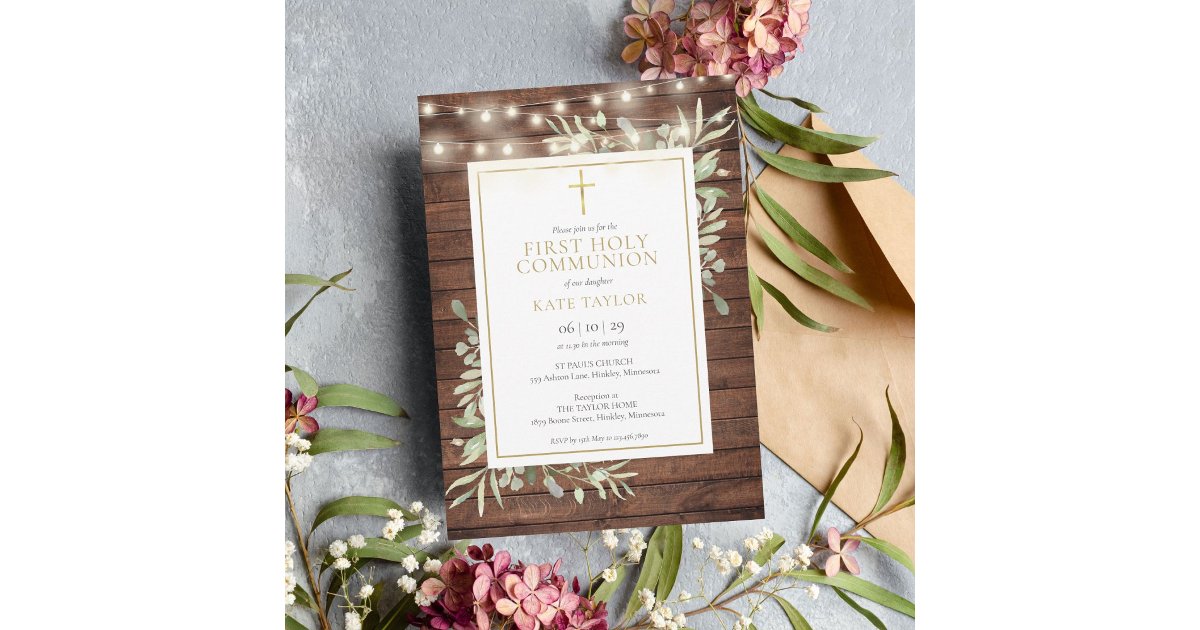 Rustic String Lights Greenery First Holy Communion Invitation | Zazzle
