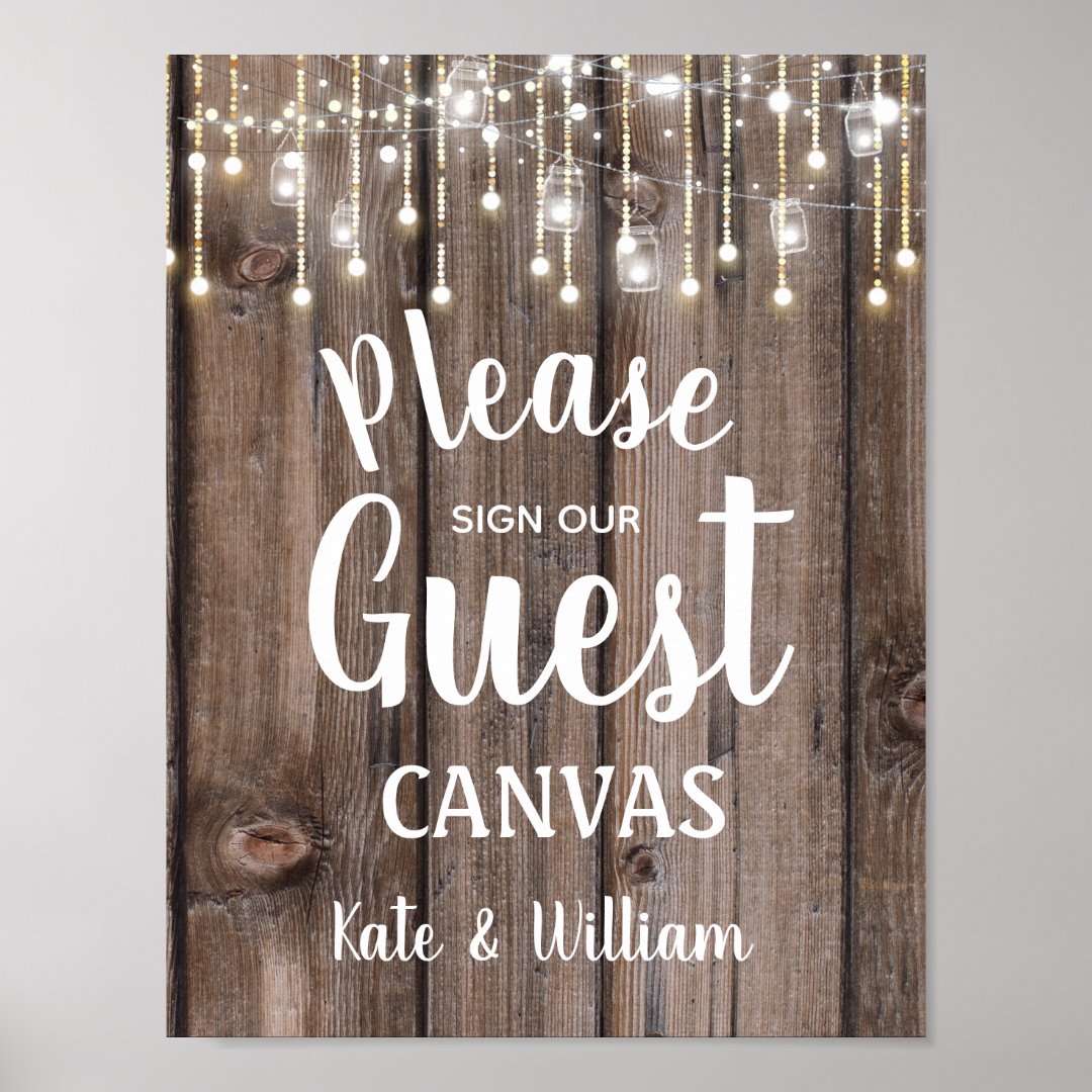 Rustic string lights guest canvas wedding sign | Zazzle