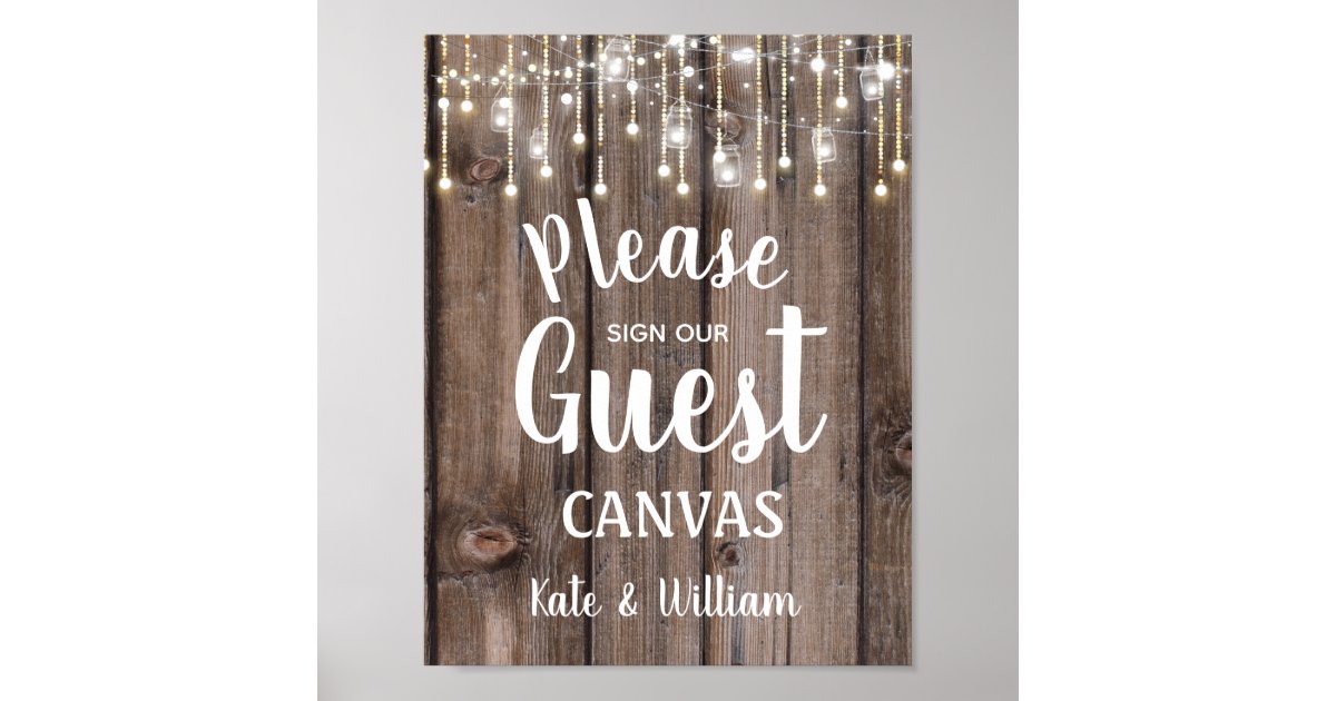 Rustic string lights guest canvas wedding sign | Zazzle