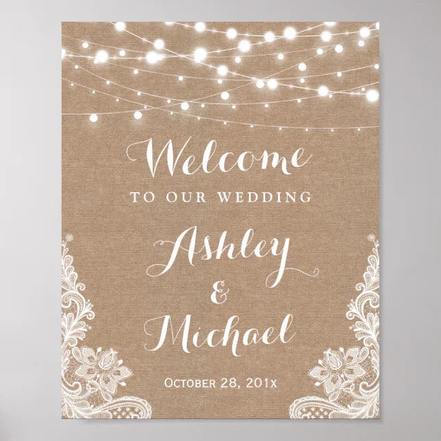 Rustic String Lights Lace Burlap Wedding Sign | Zazzle