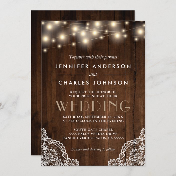 Rustic String Lights Lace Detail Wood Wedding Invitation | Zazzle.com