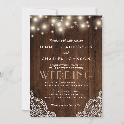 Rustic String Lights Lace Detail Wood Wedding Invitation | Zazzle