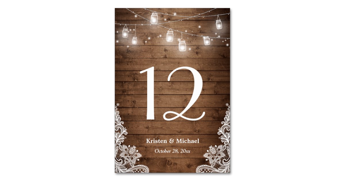 Rustic String Lights Lace Wedding Table Number | Zazzle