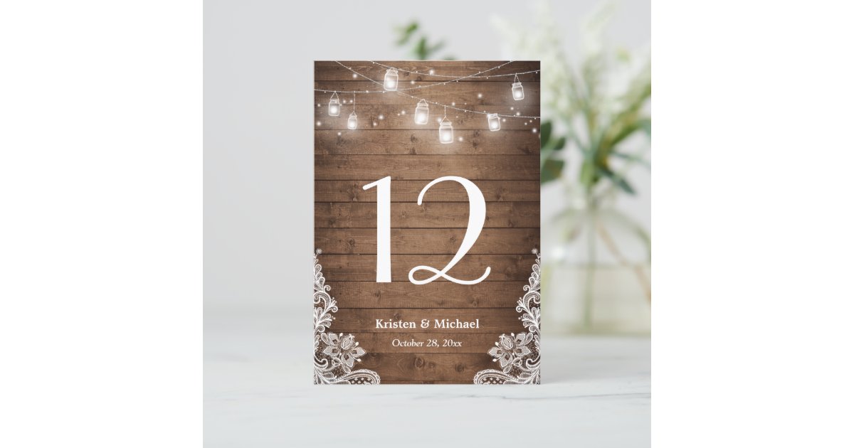 Rustic String Lights Lace Wedding Table Number | Zazzle