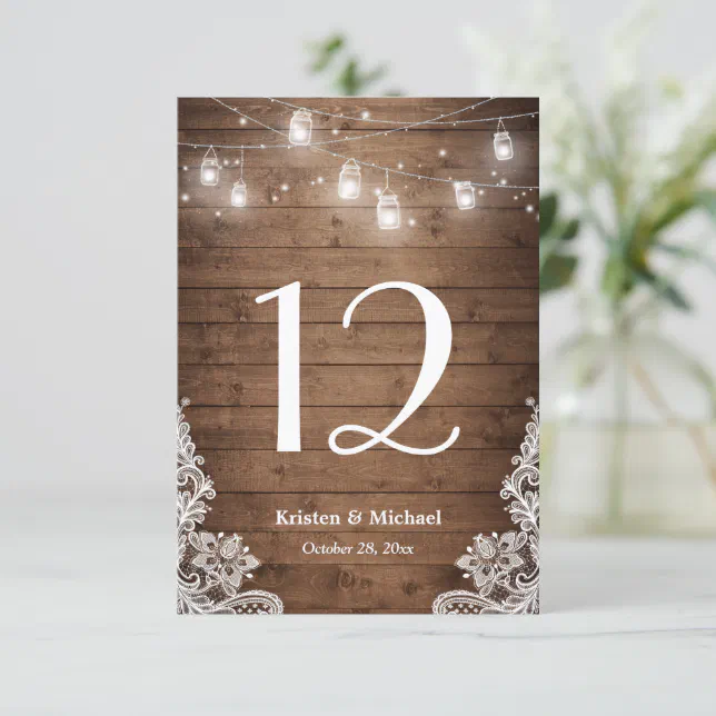 Rustic String Lights Lace Wedding Table Number | Zazzle
