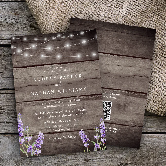 Rustic String Lights Lavender QR Code Wedding Invitation | Zazzle
