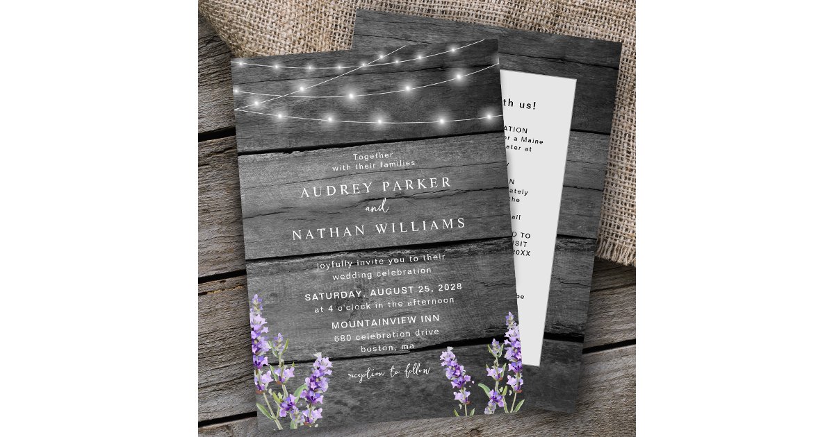 Rustic String Lights Lavender with Details Wedding Invitation | Zazzle