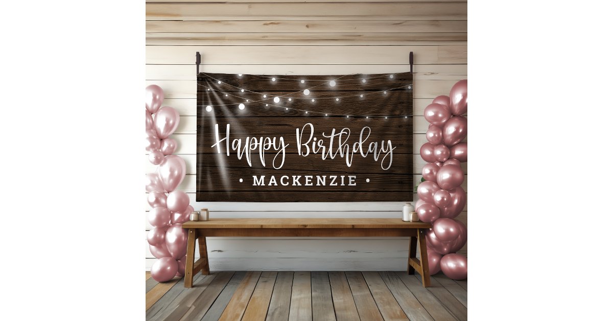 Rustic String Lights on Wood Birthday Banner | Zazzle