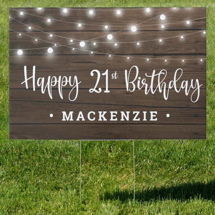 Rustic String Lights on Wood Birthday Sign | Zazzle