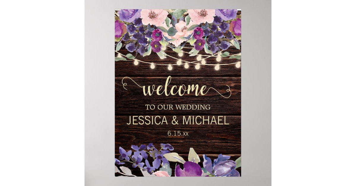 Rustic String Lights Purple Pink Floral Wedding Poster | Zazzle