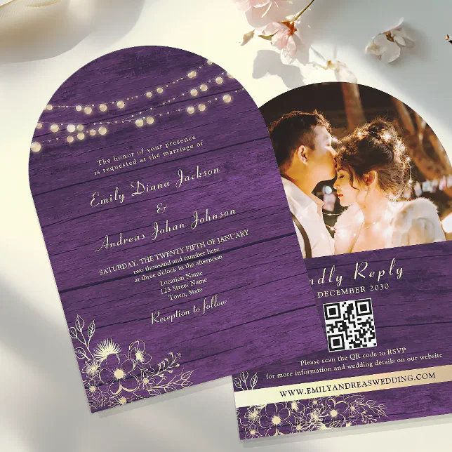 Rustic String Lights Purple Wedding QR Code Invitation | Zazzle