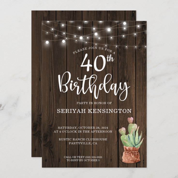 Rustic String Lights Succulent 40th Birthday Invitation | Zazzle