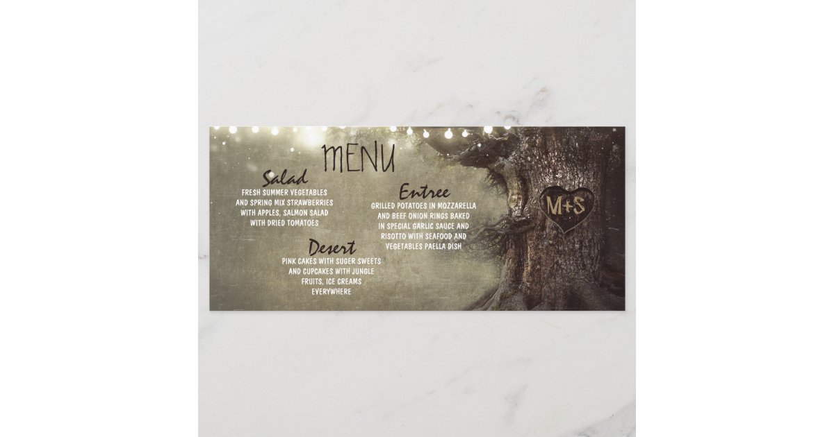 Rustic string lights tree wedding menu cards | Zazzle