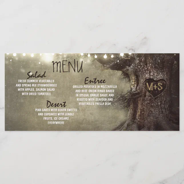 Rustic string lights tree wedding menu cards | Zazzle