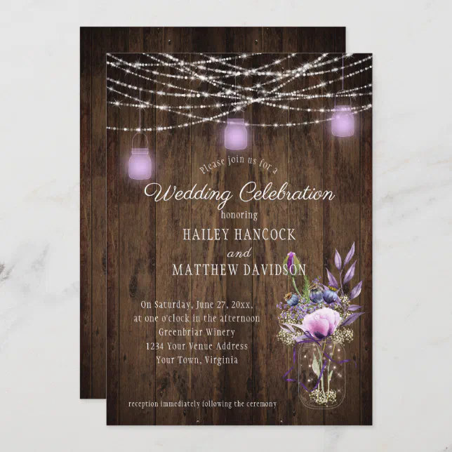 Rustic String Lights Violet Mason Jars Wedding Invitation | Zazzle