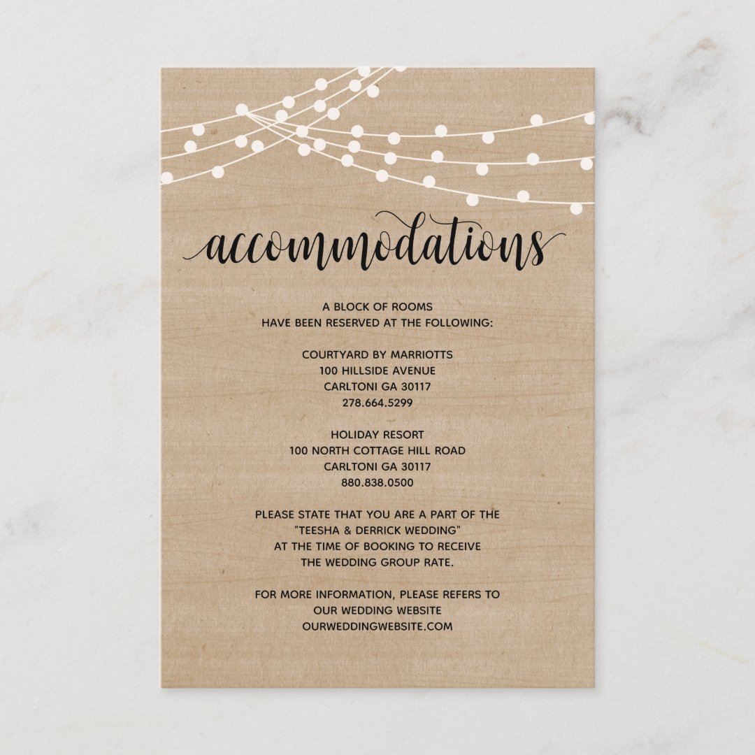 Rustic string lights wedding accommodations card | Zazzle