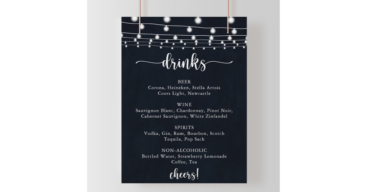 Rustic String lights Wedding Drinks Menu Sign | Zazzle