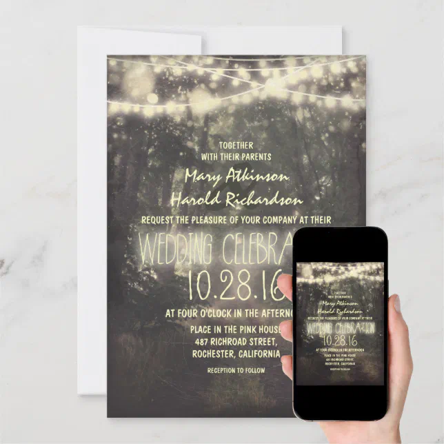 rustic string lights wedding invitation | Zazzle