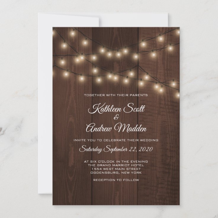Rustic string lights wedding invitation | Zazzle