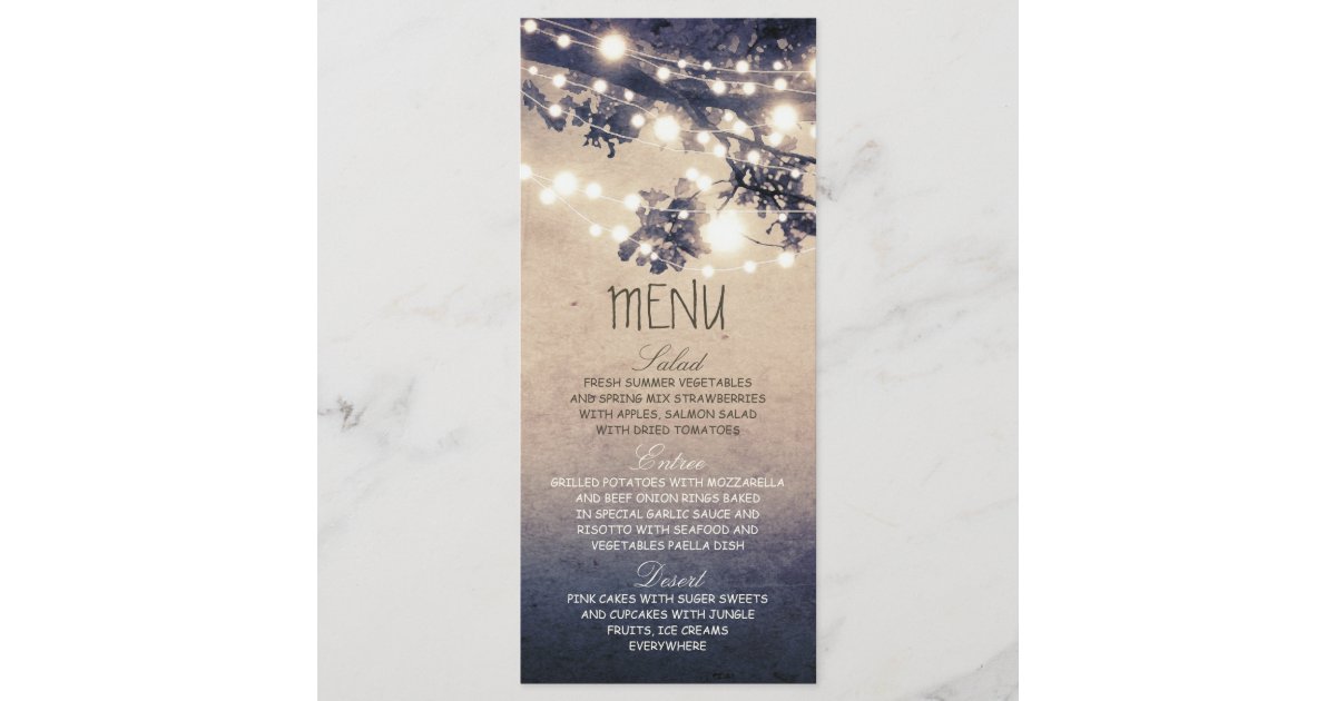Rustic string lights wedding menu cards | Zazzle