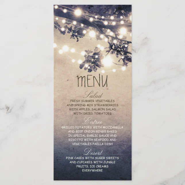Rustic string lights wedding menu cards | Zazzle