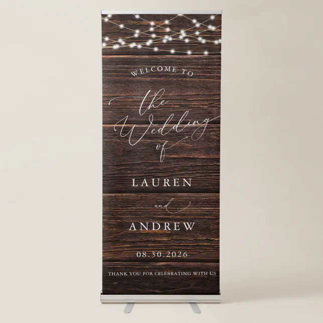 Rustic String Lights Welcome to Our Wedding Retractable Banner | Zazzle