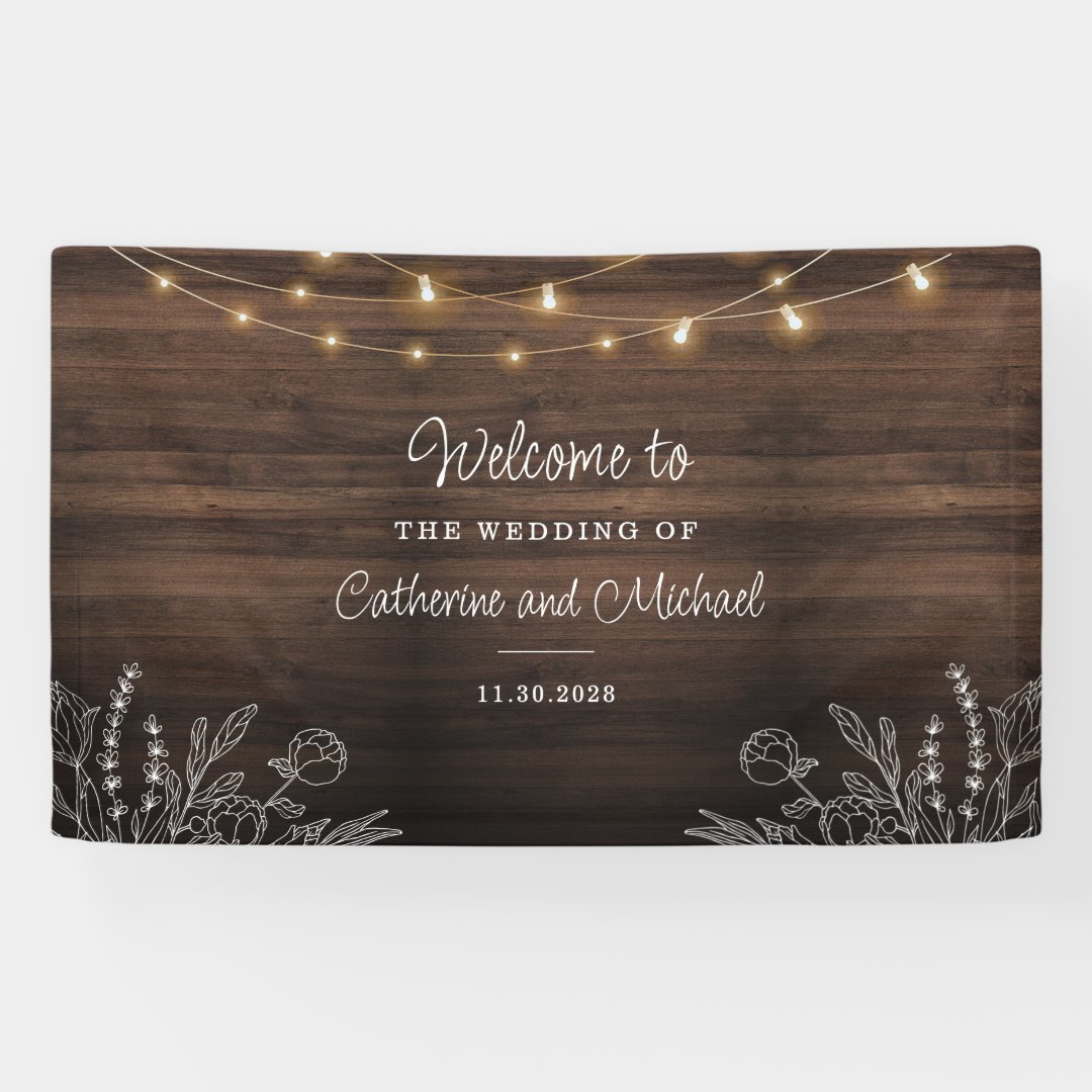 Rustic String Lights Welcome Wedding Banner | Zazzle