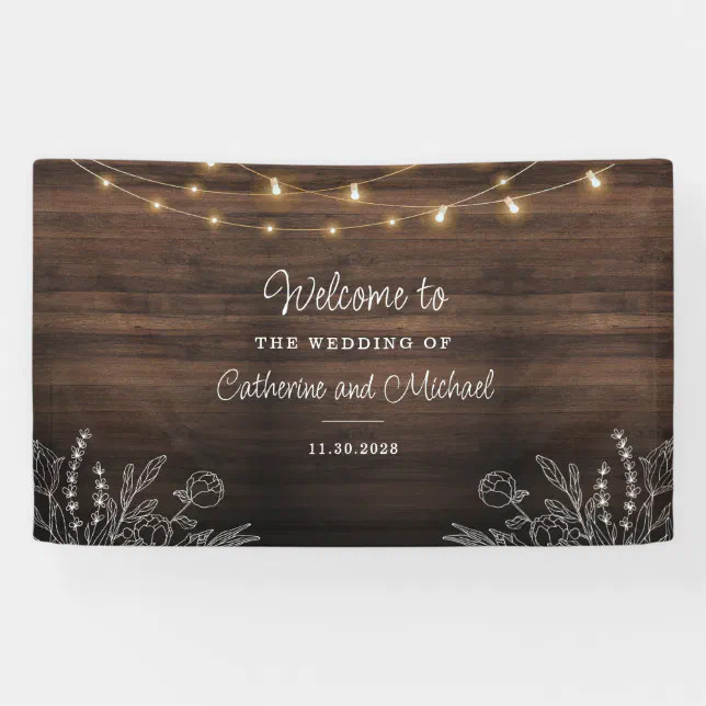 Rustic String Lights Welcome Wedding Banner | Zazzle
