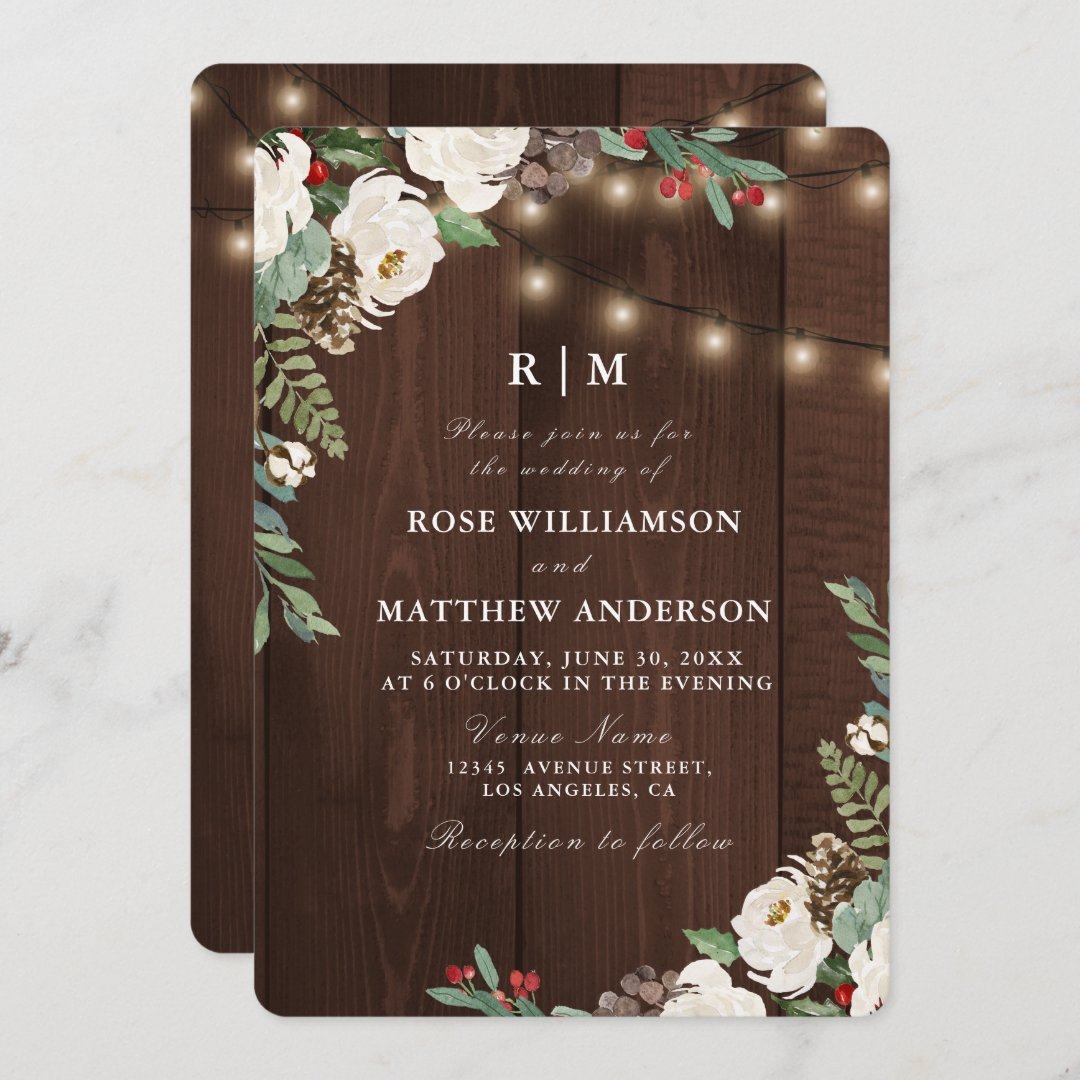 Rustic string lights winter wedding invitation | Zazzle