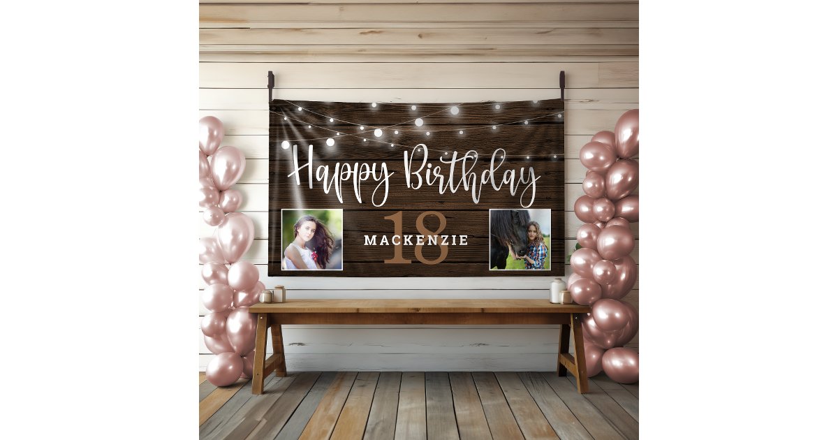 Rustic String Lights Wood 18th Birthday Photo Banner | Zazzle