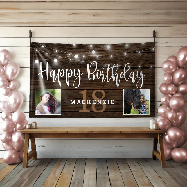 Rustic String Lights Wood 18th Birthday Photo Banner | Zazzle
