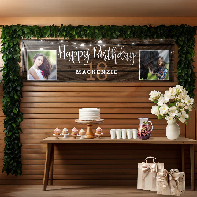 Rustic String Lights Wood 18th Birthday Photo Banner | Zazzle