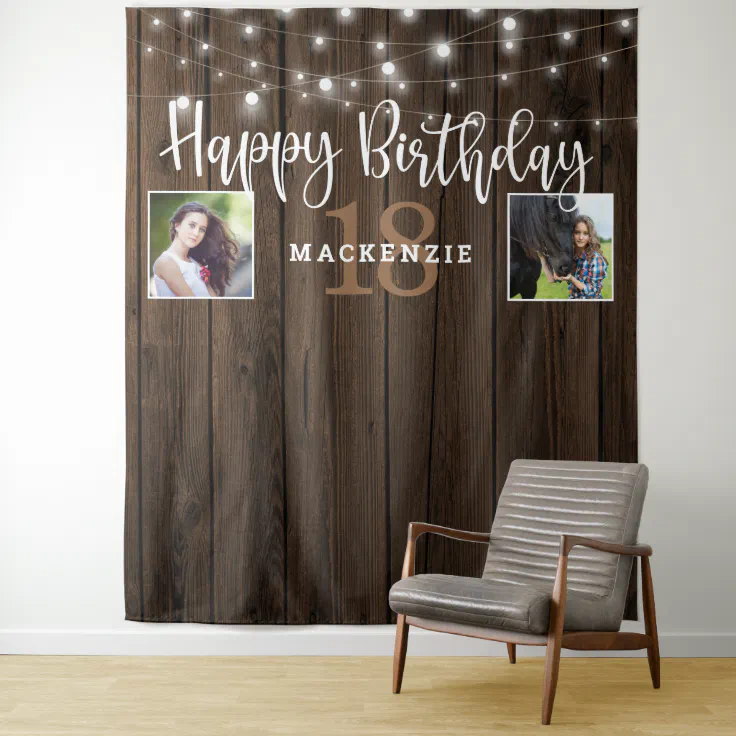 Rustic String Lights Wood Any Year Birthday Photo Tapestry | Zazzle