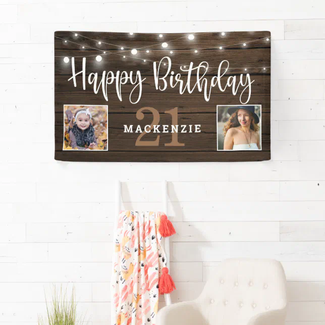 Rustic String Lights Wood Birthday Photo Banner | Zazzle
