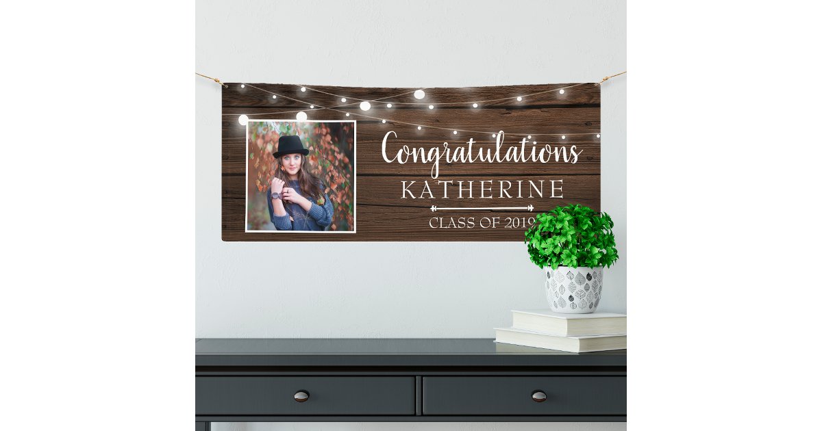 Rustic String Lights Wood Graduation Banner | Zazzle