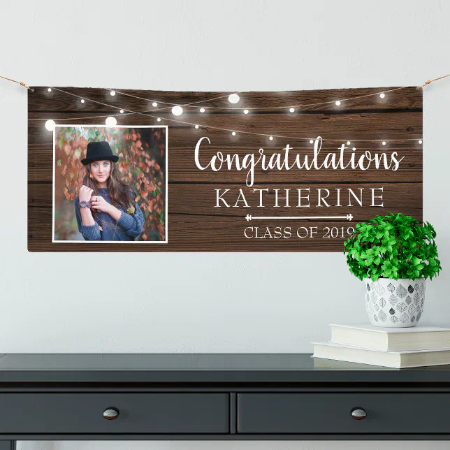 Rustic String Lights Wood Graduation Banner | Zazzle