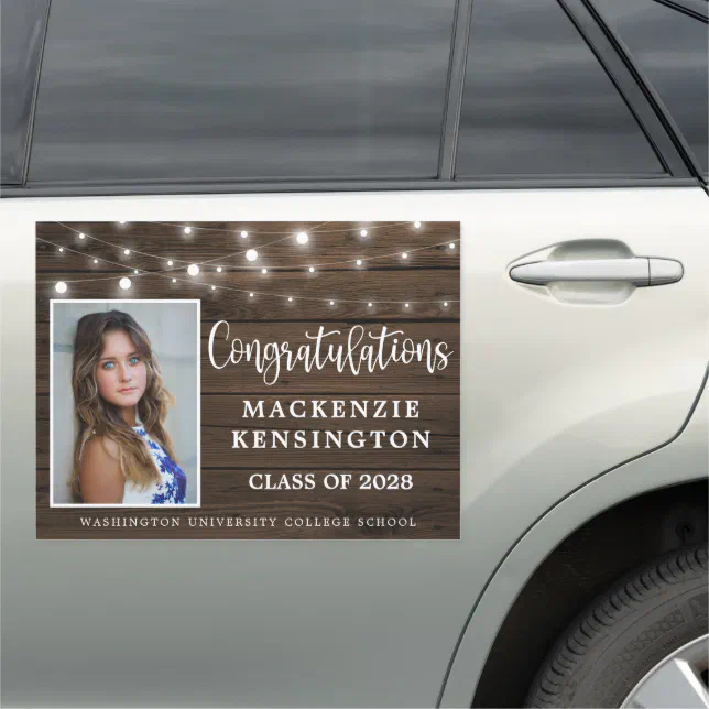 Rustic String Lights Wood Graduation Photo Car Magnet | Zazzle