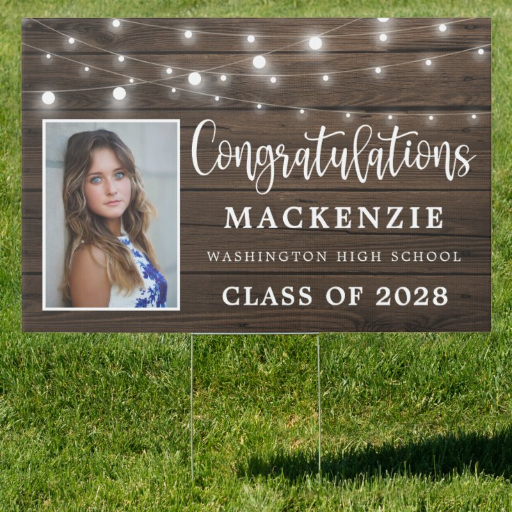 Rustic String Lights Wood Graduation Sign | Zazzle