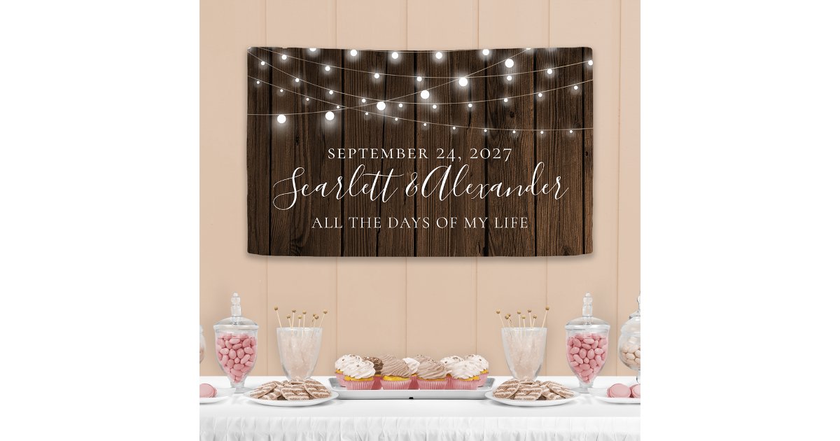 Rustic String Lights Wood Wedding Banner | Zazzle