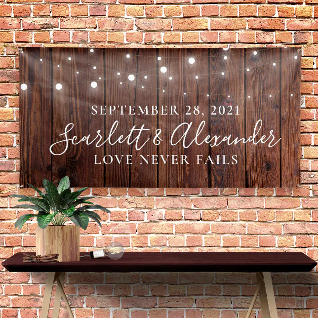 Rustic String Lights Wood Wedding Banner | Zazzle