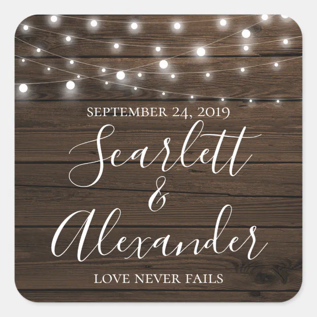 Rustic String Lights Wood Wedding Date Square Sticker | Zazzle