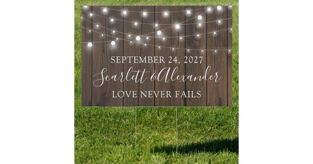 Rustic String Lights Wood Wedding Sign | Zazzle