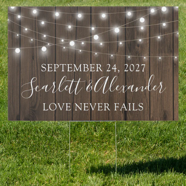 Rustic String Lights Wood Wedding Sign | Zazzle
