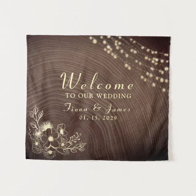 Rustic String Lights Wood Wedding Welcome Tapestry | Zazzle